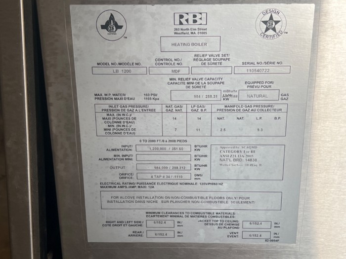 RBI Model: LB 1200 Heating Boiler for sale